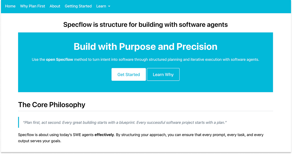 Specflow is structure for building with software agents - Getting Started with Specflow